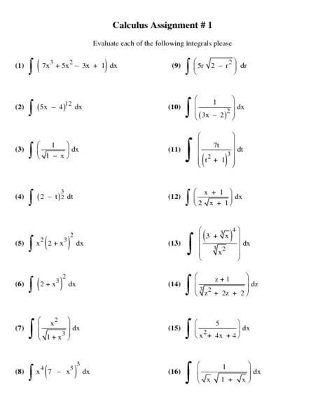 calculus assignment 1 integrals worksheet for 10th 12th grade