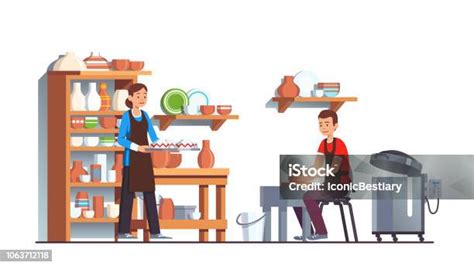 점토 도자기 워크샵 현대 전기 바퀴와가 마에 남 비를 만들기에서 사용 하는 도우미와 포터 아티스트 평면 스타일 인테리어 절연된 벡터 도예가에 대한 스톡 벡터 아트 및 기타