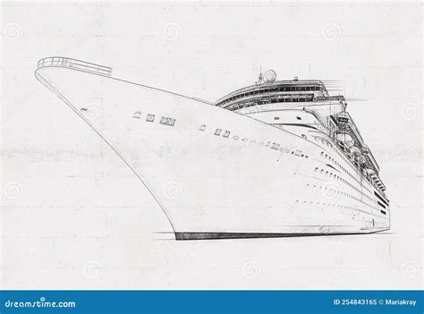 Pencil Sketch Of Big Cruise Ship On White Background Stock Image