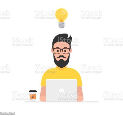 책상에 있는 남자는 노트북 컴퓨터에서 일하고 커피를 마시고 있습니다 프리랜서 직업 개념 벡터 그림입니다 개념에 대한 스톡 벡터