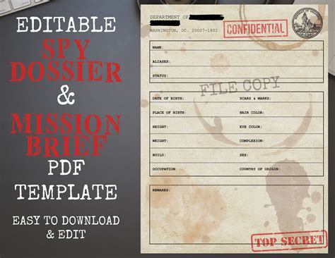 Editable Spy Dossier And Mission Brief Pdf Template Digital Download Customizable Top Secret