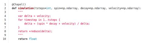 Python Function Rewritten In Chapel Using An Inlined Foreign Function