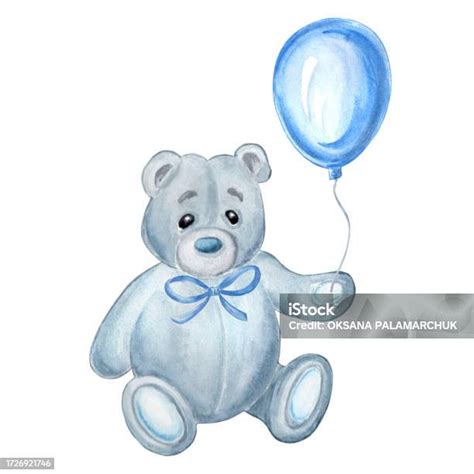 파란 풍선 귀여운 부드러운 아이 장난감 수채화 손으로 그린 그림과 파란 활에 테디 베어 디자인 초대장 꾸미기 스티커 만들기 자수