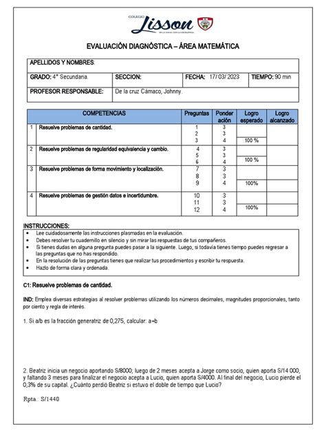 Evaluación Diagnostica 2023 Matemática 5 Sec Pdf Triángulo