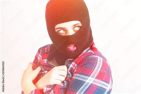 Sexy Bandit Girl Fat Model In Balaclava Woman Plus Size In Shirt Posing Topless On White