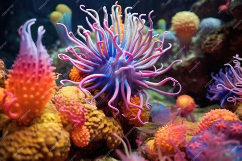 Premium Ai Image Closeup Of Colorful Sea Anemone Tentacles Swaying In
