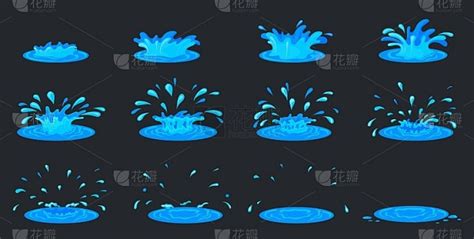 水波纹动画。卡通飞溅效果2d游戏，精灵单帧液体滴，故事板运动效果雨滴，闪光海设置，整洁的矢量插图