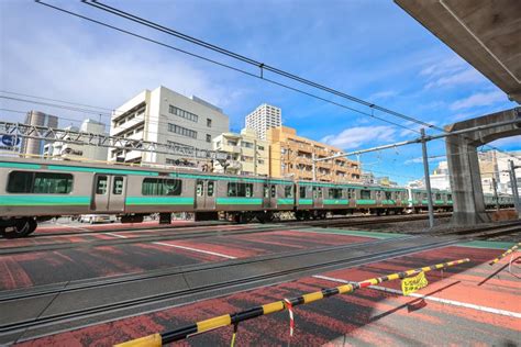 Urban Railway Intersection With Overpasses And Road Traffic Tokyo Dec