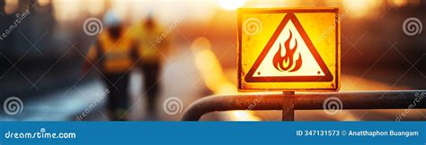 Cautionary Sign Warns Of Fire Hazards Workers In Safety Gear Pass By