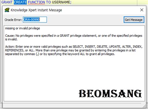 ORA 권한이 부적합합니다 해결하기 ORA missing or invalid privilege 함수 생성 권한 부여 방법 범상치 않은 블로그
