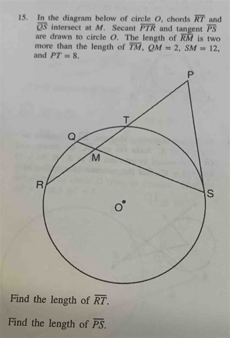 In The Diagram Below Of Circle O Chords Overline RT And Overline QS Intersect At M S
