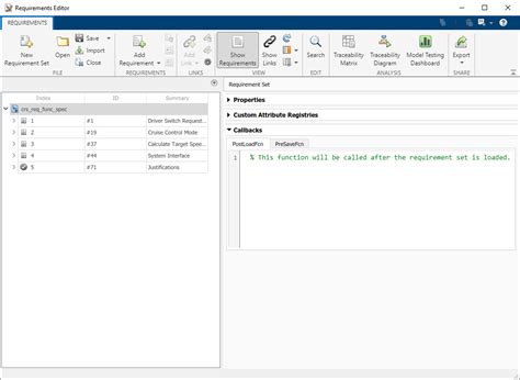 execute code when loading and saving requirement sets matlab and simulink