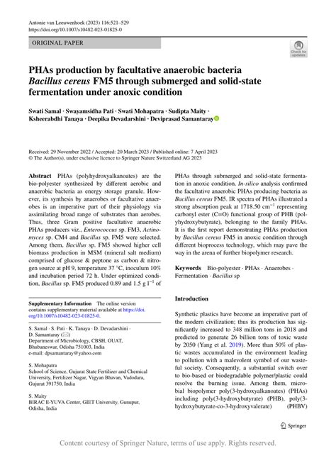 Phas Production By Facultative Anaerobic Bacteria Bacillus Cereus Fm5