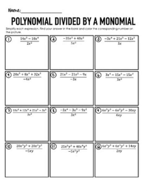 Dividing A Polynomial By A Monomial Color By Number Activity Tpt