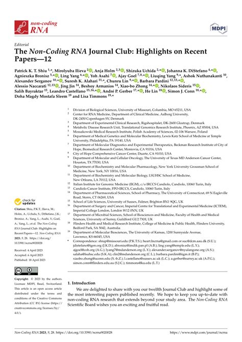 PDF The Non Coding RNA Journal Club Highlights On Recent Papers
