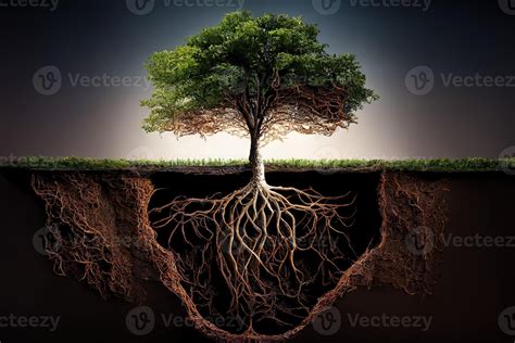 Root System Of A Tree Growing Underground Digital Art Illustration
