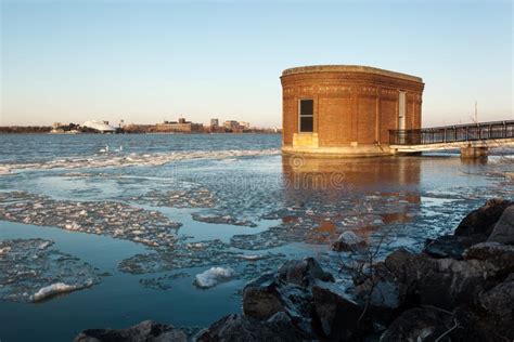 Scenic Detroit River Riverfront Power Building In Winter January 13