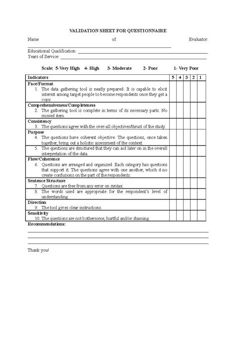 Validation Sheet Result VALIDATION SHEET FOR QUESTIONNAIRE Name Of Evaluator Educational