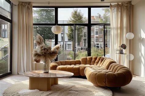 Living Room With Large Windows And A Brown Tufted Sofa In The Style Of Soft And Rounded Forms