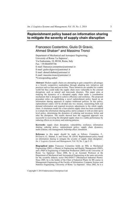 Pdf Replenishment Policy Based On Information Sharing To Mitigate The Severity Of Supply Chain