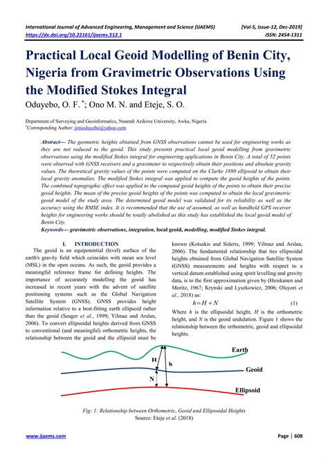 Practical Local Geoid Modelling Of Benin City Nigeria From Gravimetric