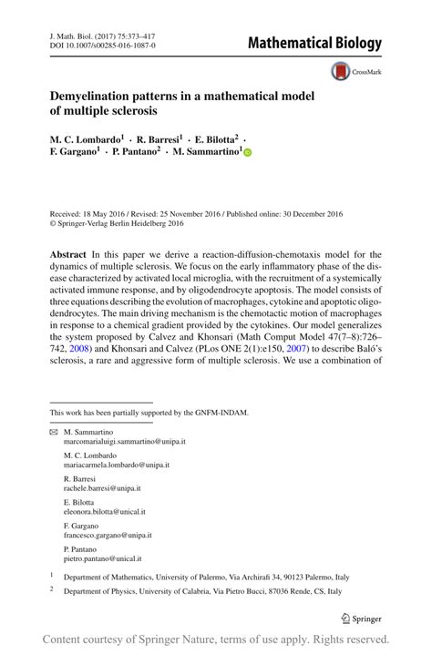 Demyelination Patterns In A Mathematical Model Of Multiple Sclerosis Request PDF