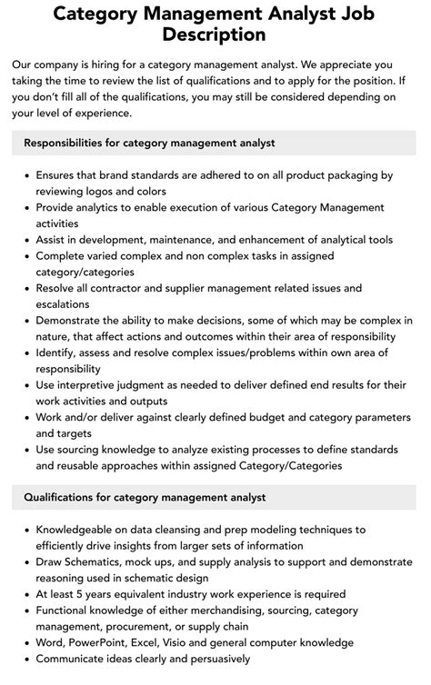 Category Management Analyst Job Description Velvet Jobs
