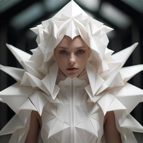 Beautiful Model Wearing White Origami Outfit Premium Ai Generated Image
