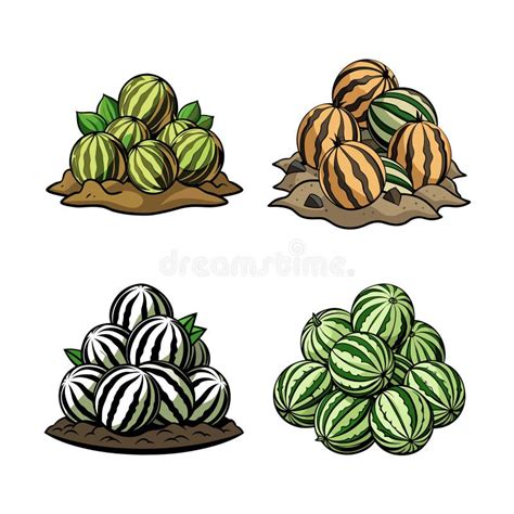 Pile Of Green Striped Watermelons On A Patch Of Soil Stock Vector