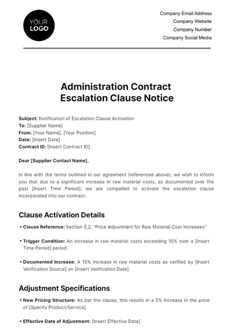 Free Administration Contract Escalation Clause Notice Template To Edit Online