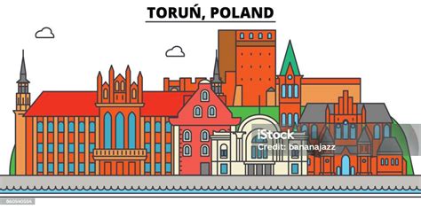 폴란드 토 룬입니다 도시 스카이 라인 건축 건물 거리 실루엣 풍경 파노라마 랜드마크 편집 가능한 스트로크입니다 평면 디자인 라인