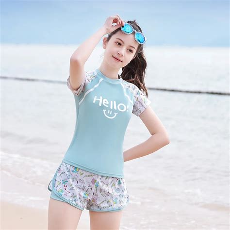 Girl Two Piece Swimsuit Teenager Girls Short Sleeve Shirt And Shorts
