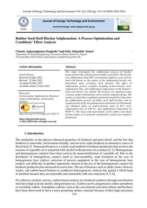 Pdf Rubber Seed Shell Biochar Sulphonation A Process Optimization And Conditions Effect