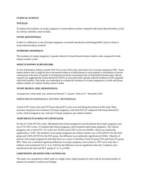 Pdf To Analyze The Incidence Of Ectopic Pregnancy In Fresh Embryo