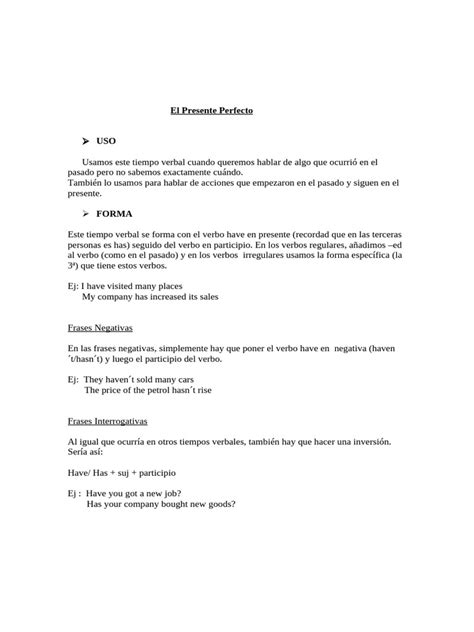 El Presente Perfecto Pdf Verbo Relaciones Sintácticas