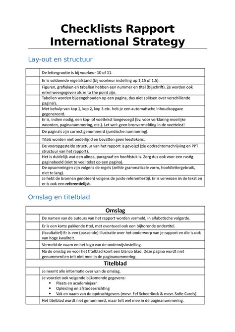Checklists Rapport International Strategy Checklists Rapport