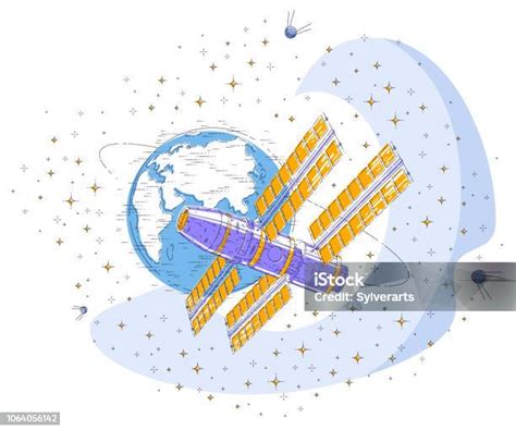 지구 태양 전지 우주선 우주선이 Iss 인공 위성 별과 다른 요소에 의해 둘러싸인 주변 궤도 비행을 비행 하는 우주 정거장 얇은 선 3d 벡터 일러스트입니다 경외감에 대한