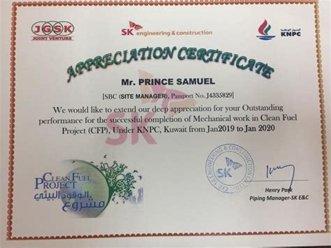 Certificate Of Appreciation From Knpc Cfp Jgsk Jv For The Outstanding