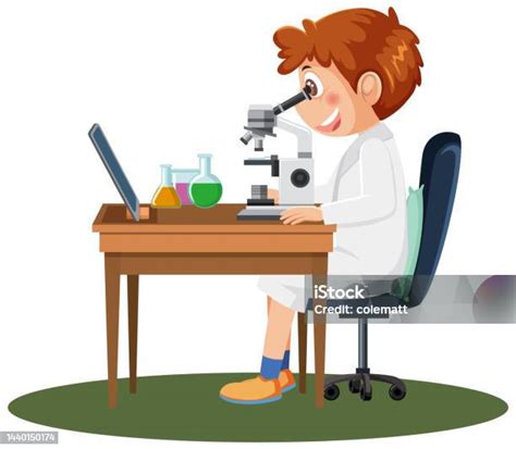 ตัวการ์ตูนเด็กนักวิทยาศาสตร์น่ารัก ภาพประกอบสต็อก ดาวน์โหลดรูปภาพตอนนี้ กล้องจุลทรรศน์ การ