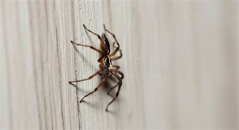 A Small Spider With A Dark Brown And Tan Body Crawls On A Light Wooden