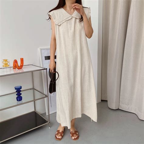 브이넥 프릴카라 민소매 린넨 롱 원피스 color 베이지 블랙