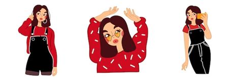 Premium Vector Beautiful Girl Flat Red Set Of Fashionable Girls
