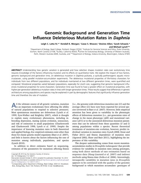Pdf Genomic Background And Generation Time Influence Deleterious Mutation Rates In Daphnia