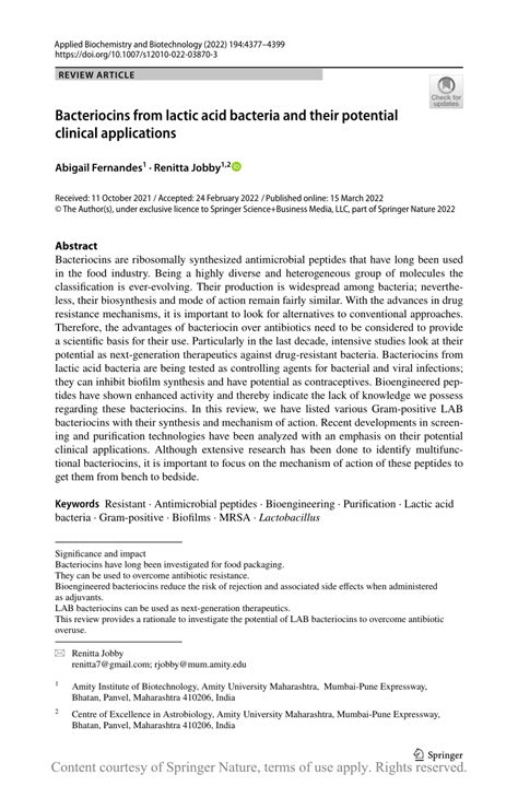 Bacteriocins From Lactic Acid Bacteria And Their Potential Clinical Applications Request Pdf