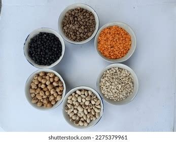 Different Types Lentils Six White Bowls Stock Photo Shutterstock