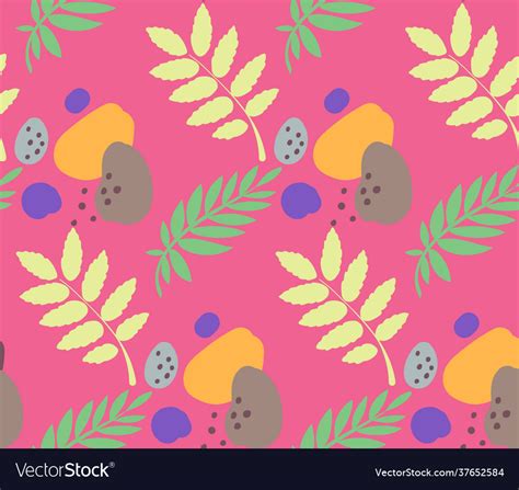 Seamless Pattern With Leaves And Color Blobs Vector Image