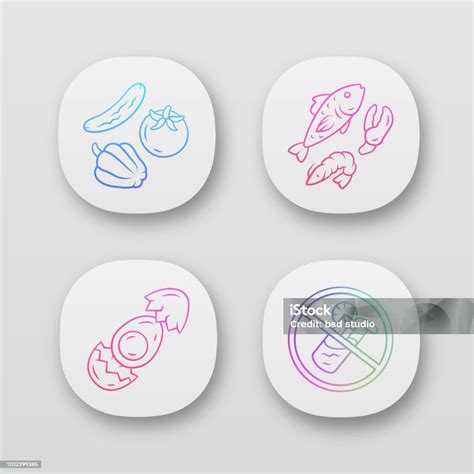 균형 잡힌 먹는 앱 아이콘 세트 높은 비타민과 오메가 3 건강 식품 Uiux 사용자 인터페이스 청량 음료 기호가 없습니다 계란 야채와 생선 웹 또는 모바일 응용