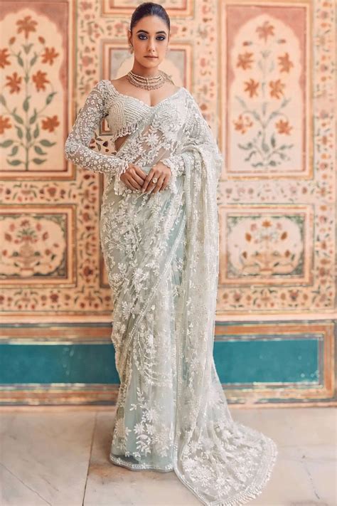 Green Color Net Saree Look For Reception Party