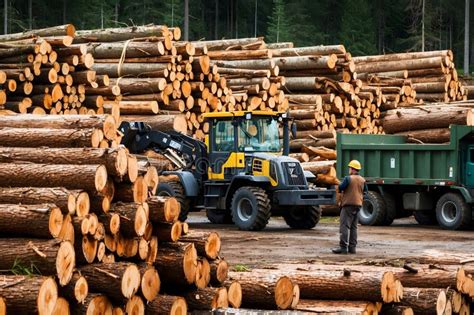 Logging Operation With Loader And Timber Stacks Stock Illustration