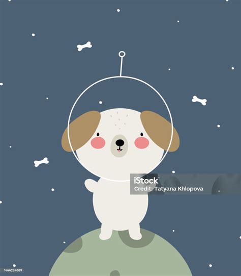 우주에서 귀여운 강아지와 만화 포스터 벡터 그림입니다 어린이 물건 카드 포스터 배너 아동 도서 팩에 인쇄 옷 직물 벽지 섬유에 인쇄 가리기에 대한 스톡 벡터 아트 및 기타